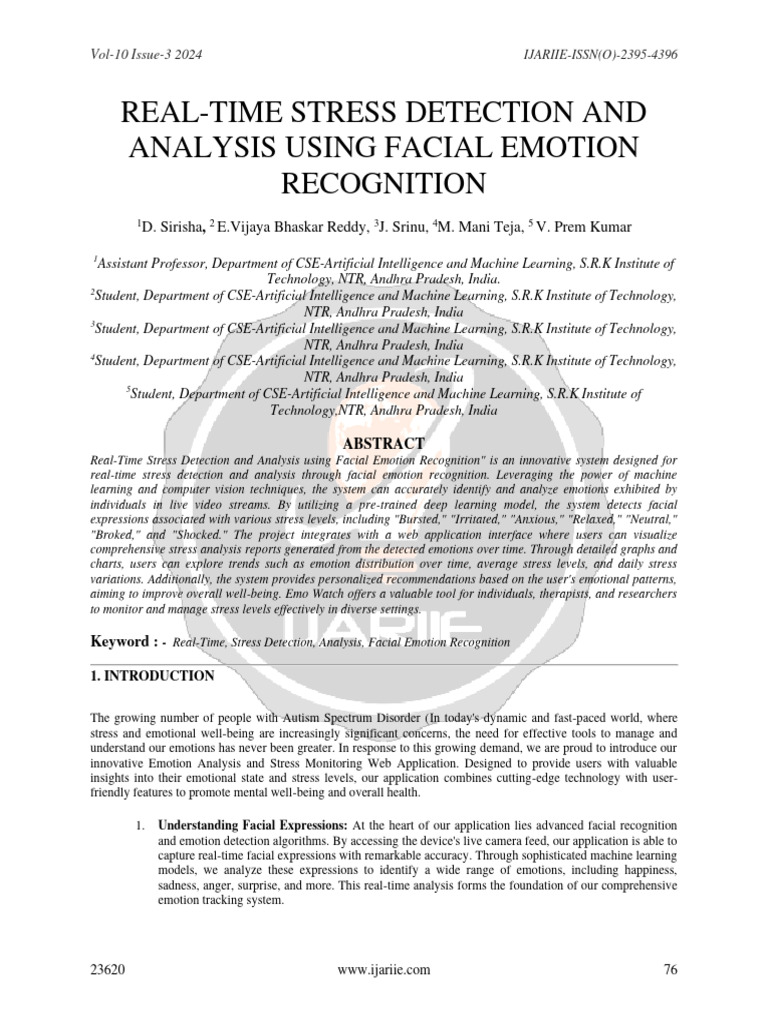 Real Time Stress Detection And Analysis Using Facial Emotion Recognition Ijariie23620 Pdf