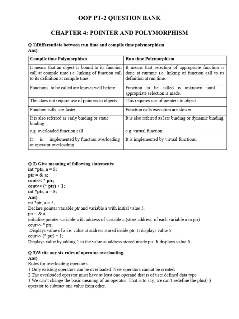 Oop Pt-2 Question Bank Chapter 4: Pointer and Polymorphism | PDF | Pointer (Computer Programming ...