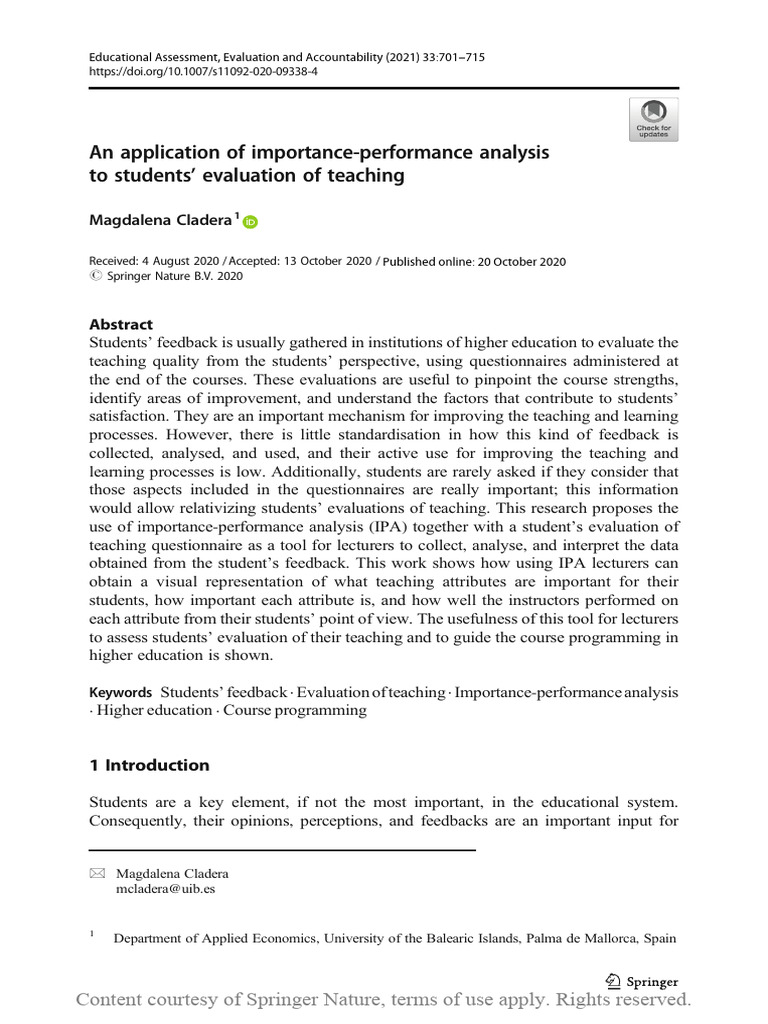 Importance-Performance Analysis in Teaching Evaluation | PDF | Survey Methodology | Teachers