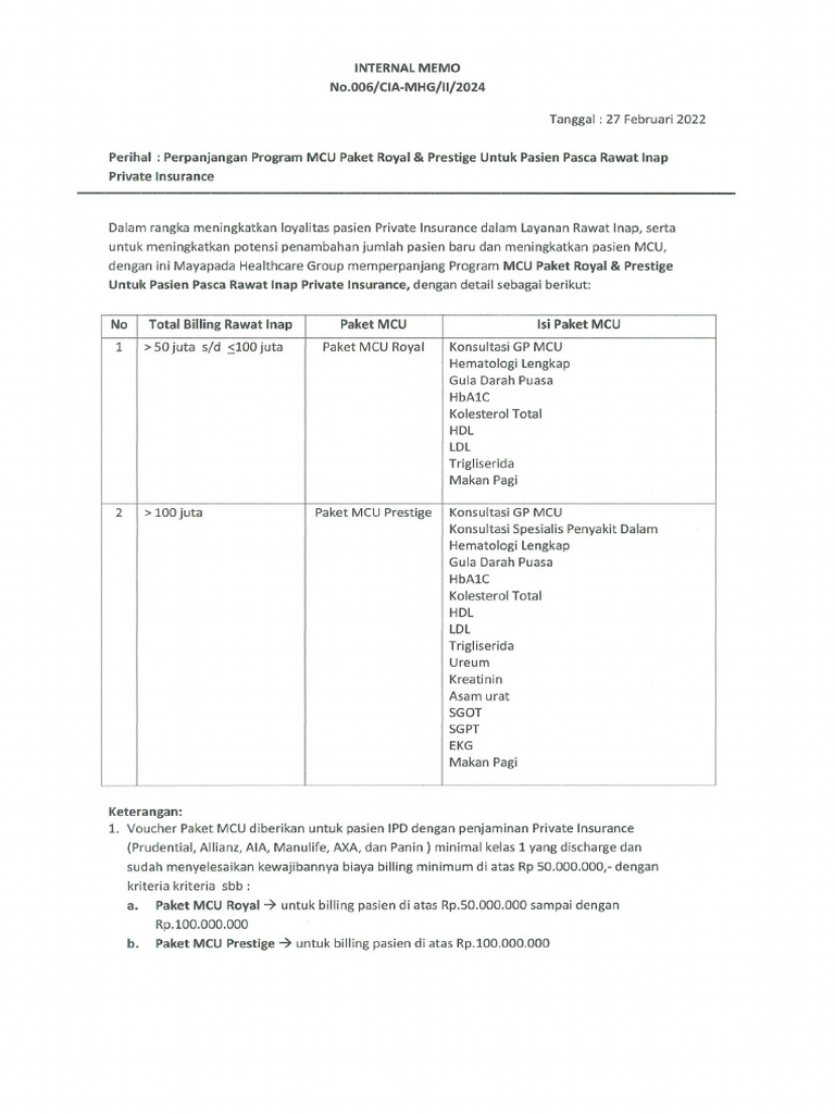 IM Perpanjangan Paket MCU Royal & Prestige 2024 29022024 | PDF