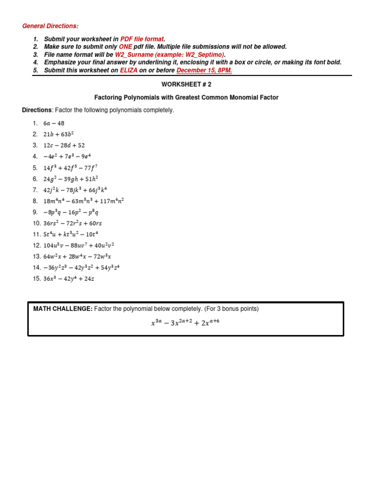 WORKSHEET 2: Factoring Polynomials With Greatest Common Monomial Factor ...
