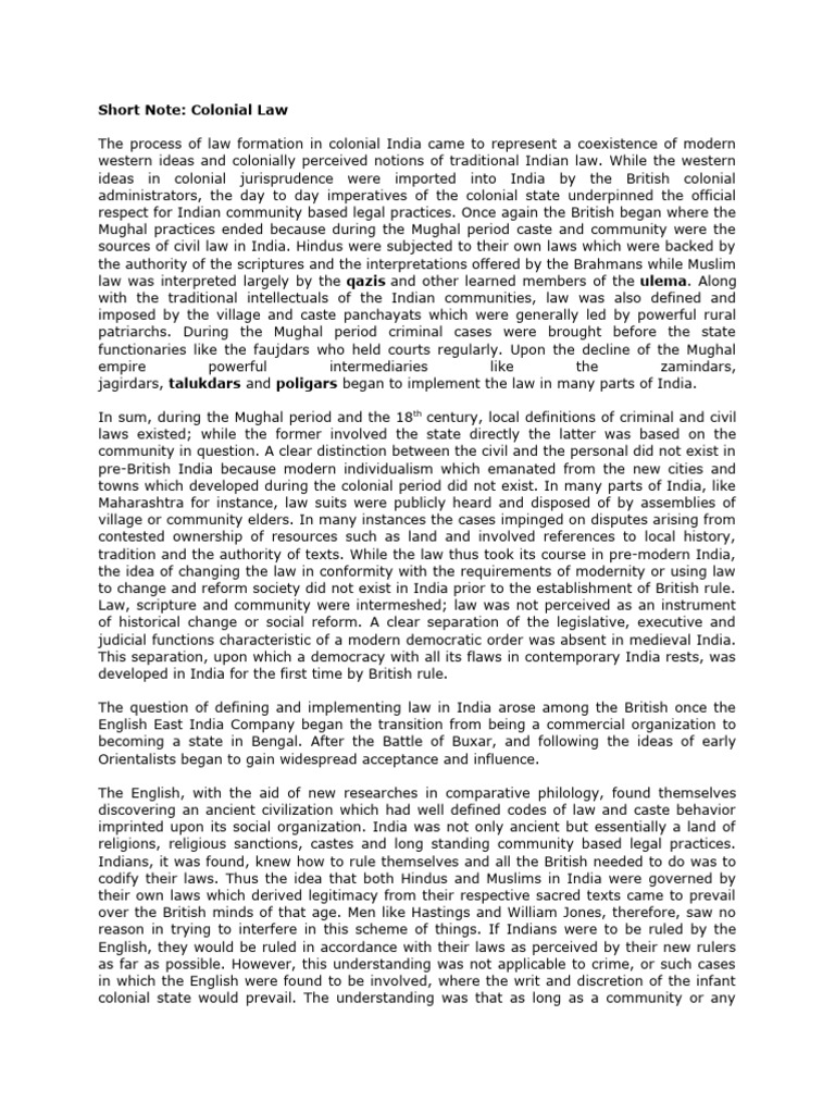 Short Note Colonial Law | PDF | British Raj | British Empire