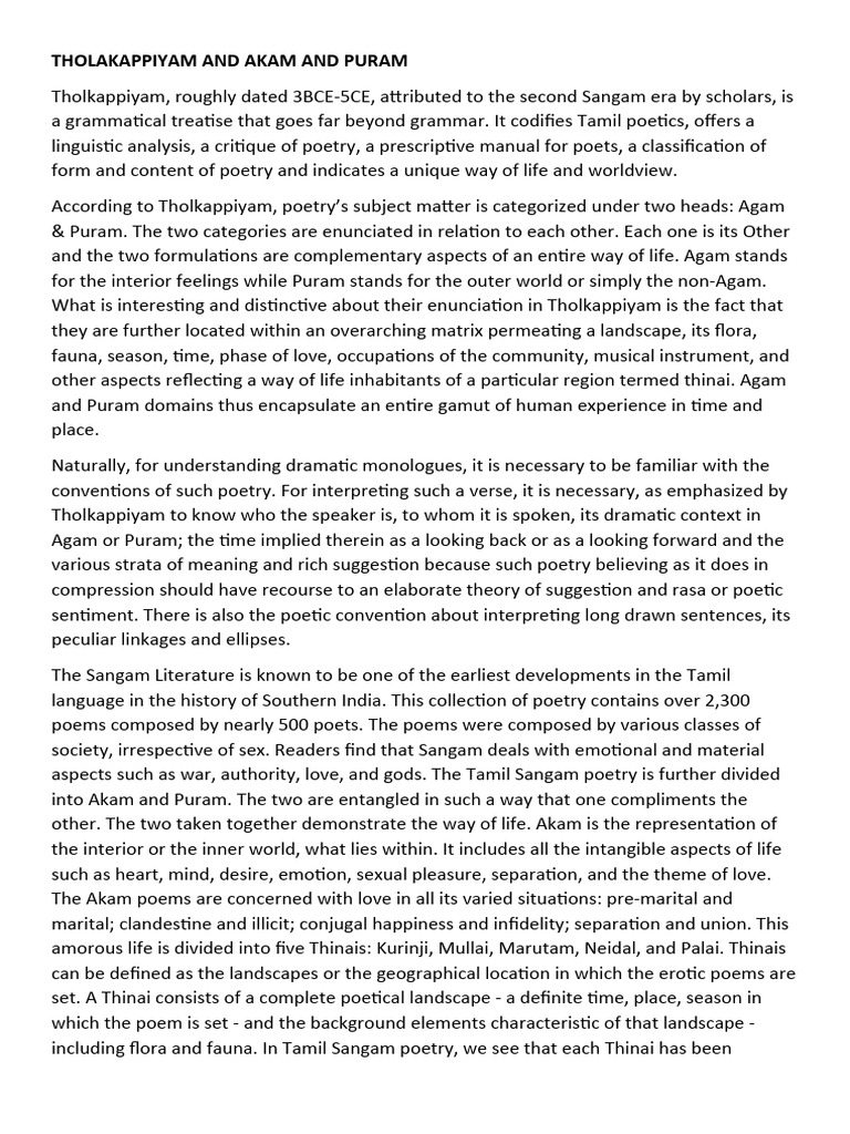 Tholakappiyam and Akam and Puram | PDF | Poetry