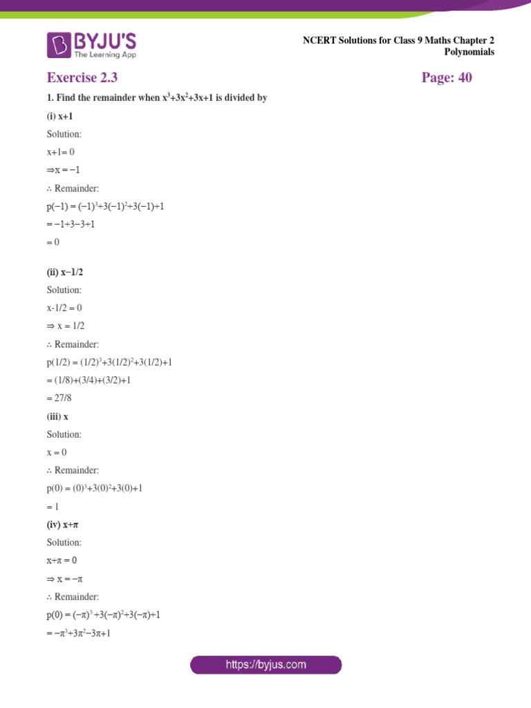 Ncert Solutions For Class 9 Maths April05 Chapter 2 Polynomials Exercise 2 3 | PDF