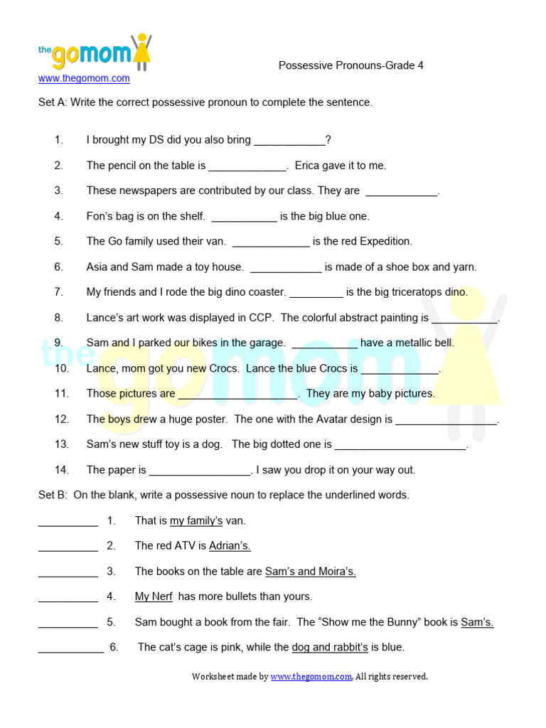 Grade 4 Possessive Pronouns Worksheet | PDF | Language Mechanics ...