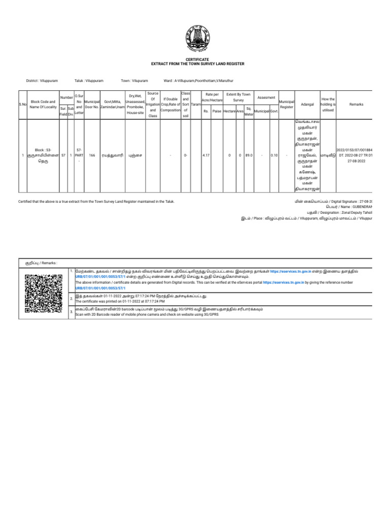 Certificate Extract From The Town Survey Land Register: URB/07/01/001 ...