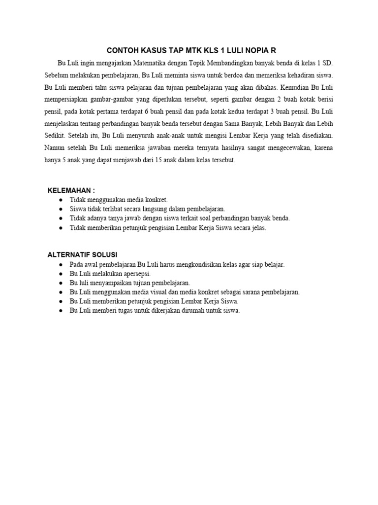 Contoh Kasus Tap MTK Kls 1 Luli Nopia R | PDF
