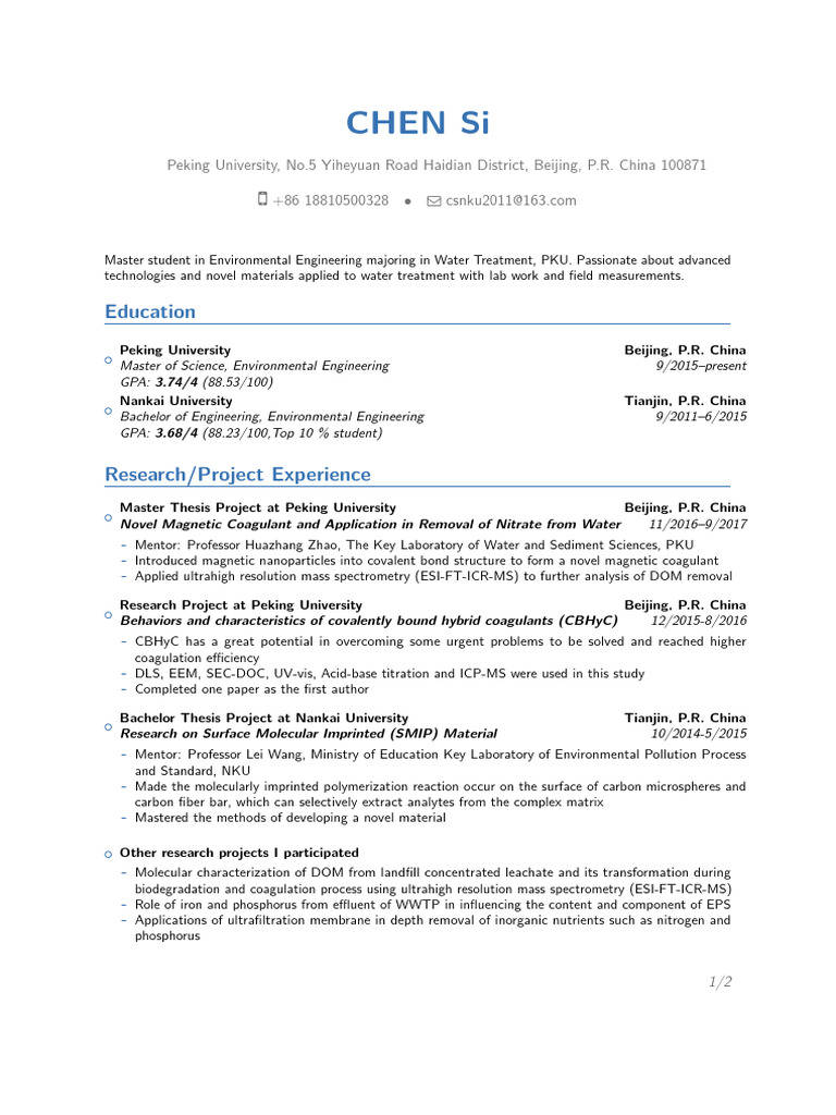 Chen Sis Curriculum Vitae | PDF | Water Treatment | Sewage Treatment