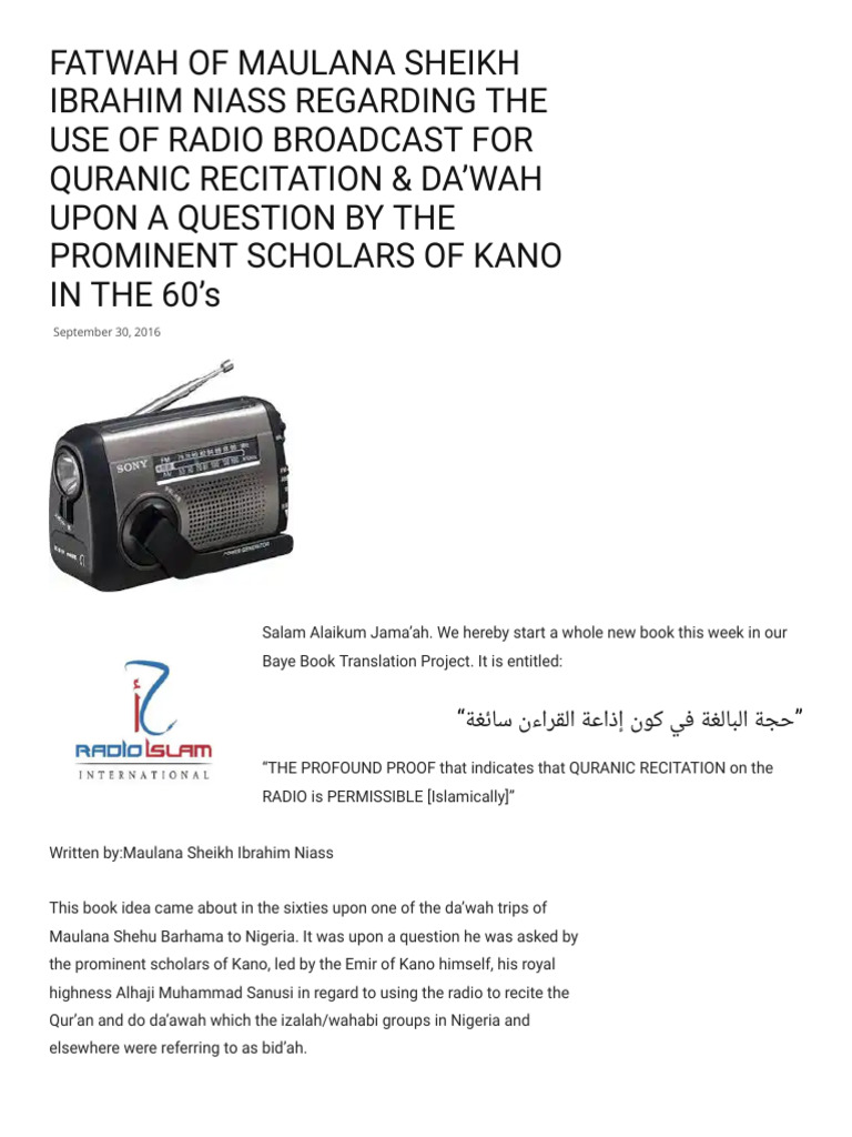 FATWAH OF MAULANA SHEIKH IBRAHIM NIASS REGARDING THE USE OF RADIO ...