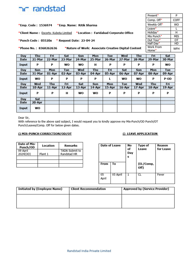 Ritik Attendance April'24 Format Randstad | PDF
