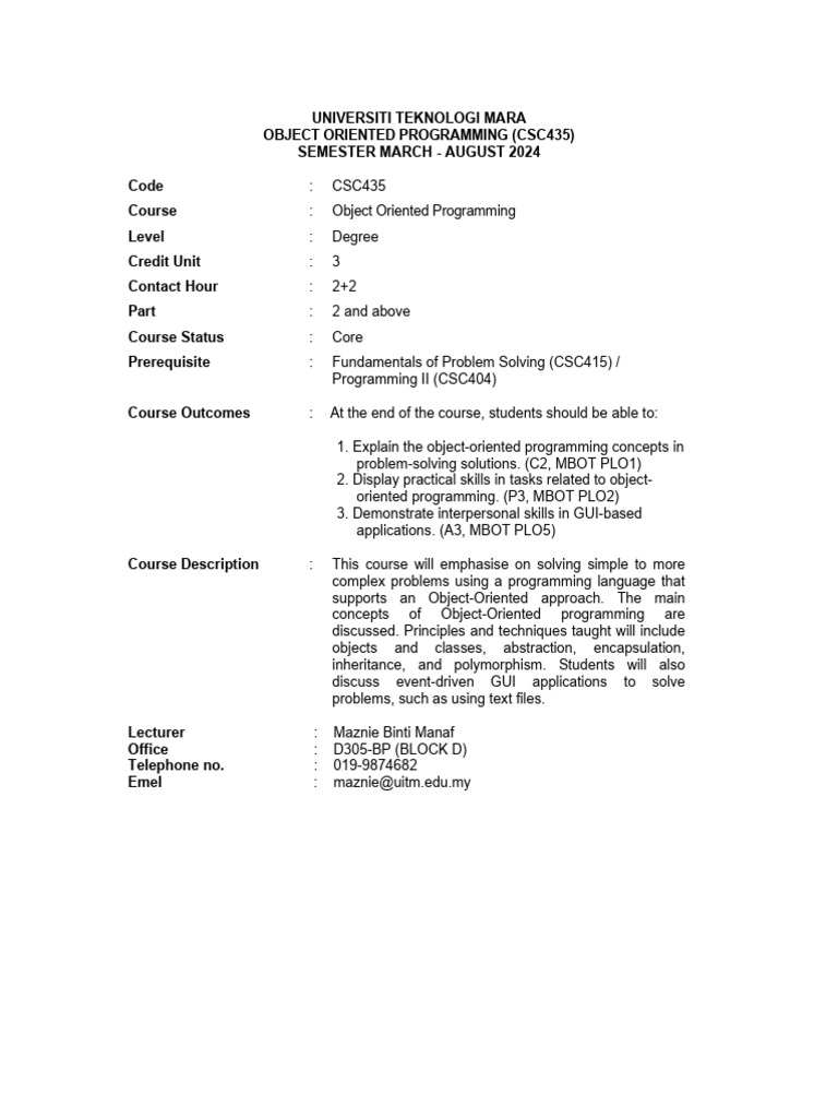 CSC435 Object Oriented Programming Syllabus | PDF | Method (Computer Programming) | Class ...