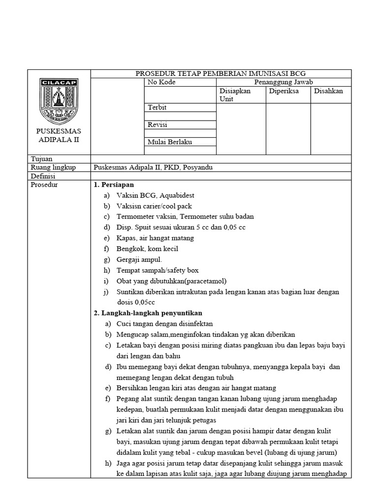 Prosedur Imunisasi BCG dan DPT Puskesmas | PDF