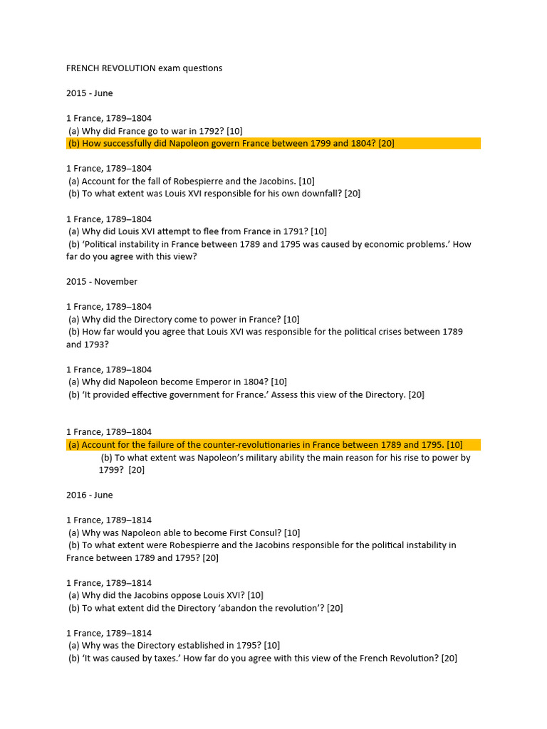 FRENCH REVOLUTION Exam Questions | PDF | French Revolution | France