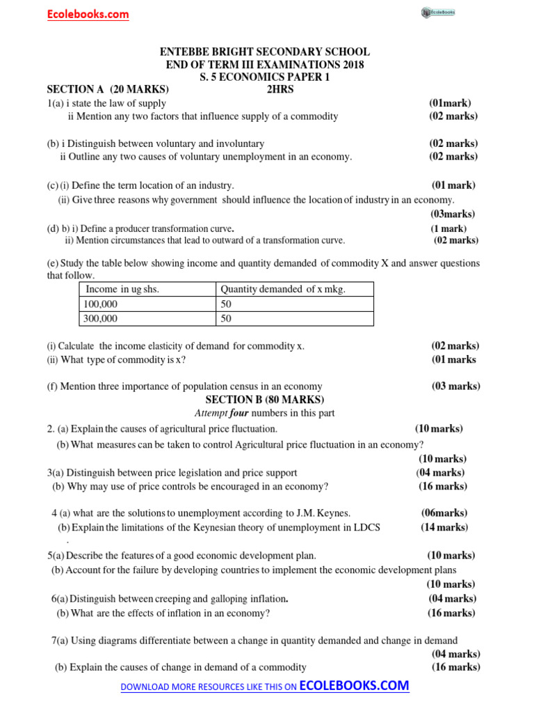 Economics Exam Paper S.5 2018 | PDF | Demand | Supply (Economics)
