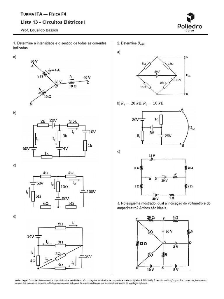 F4 - Lista 13 - Circuitos Elétricos I | Download grátis PDF | Resistência elétrica e ...