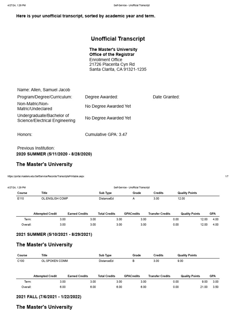 Self-Service - Unofficial TranscriptSPRING24 | PDF | Electrical ...