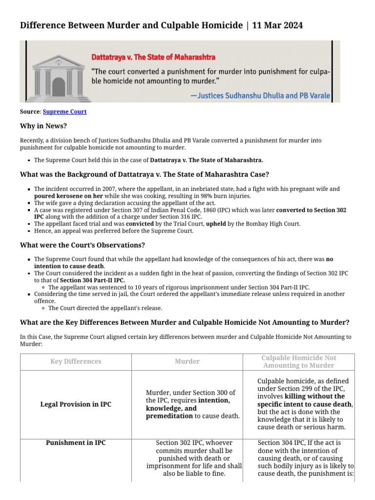 Difference Between Murder And Culpable Homicide Pdf Malice