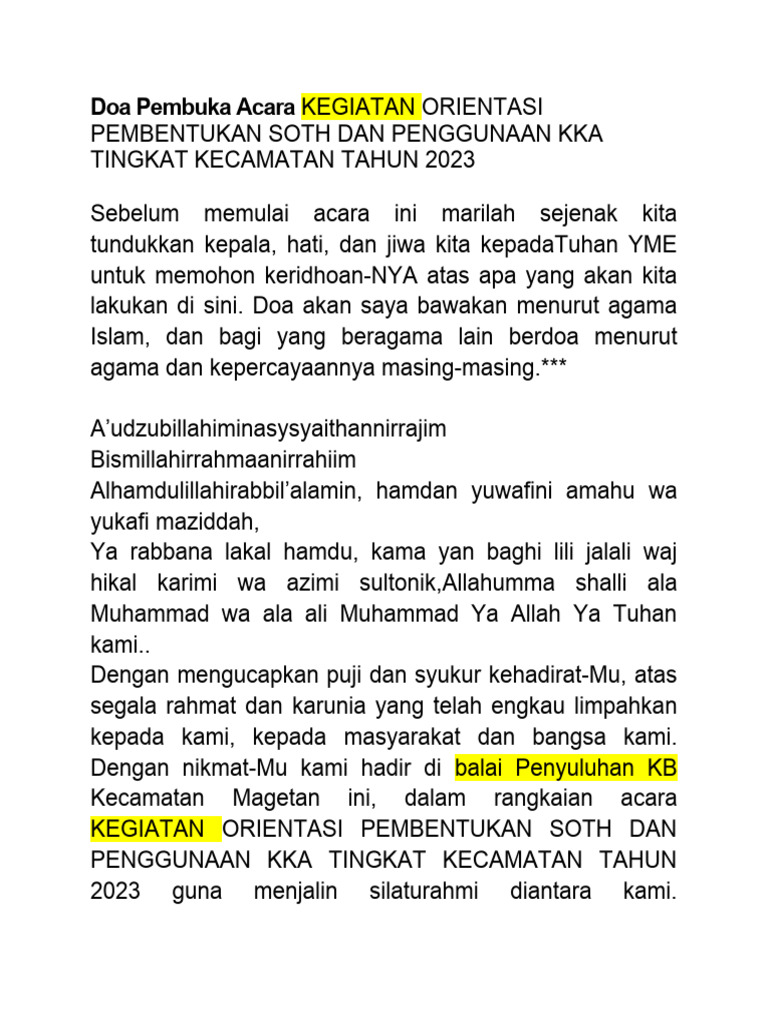 Doa Pembuka Acara Kegiatan 2023 | PDF