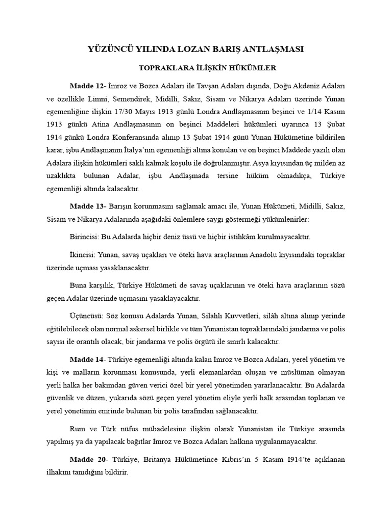 Lozan Antlaşması Önemli Maddeler | PDF