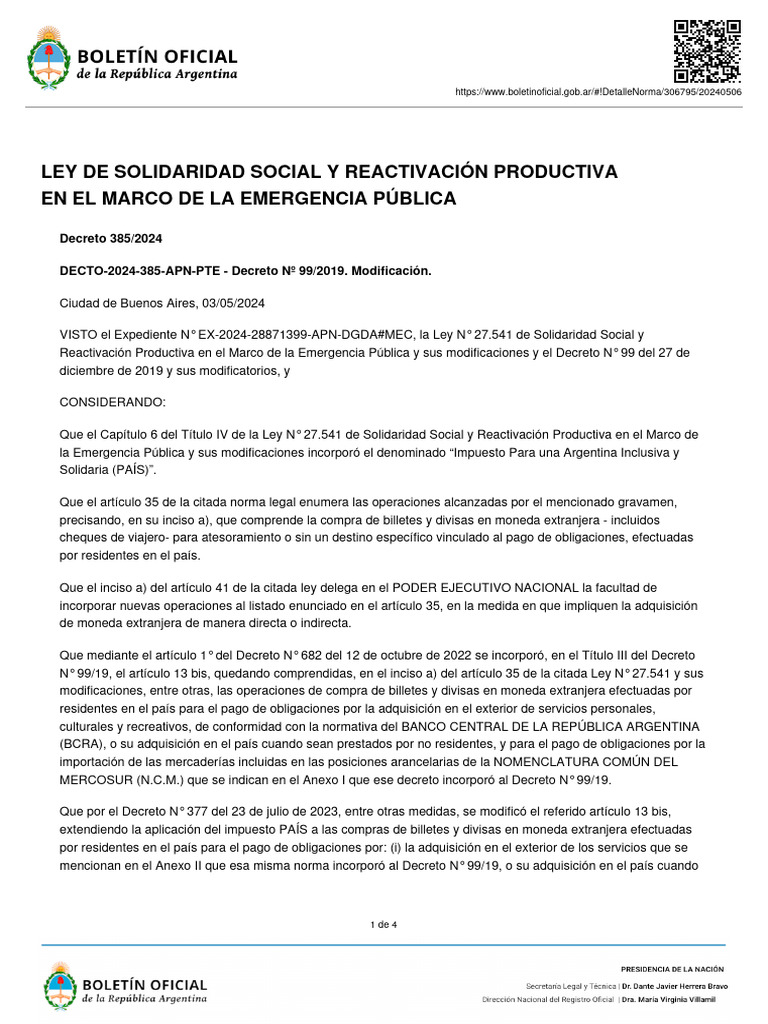 Decreto 385/2024 - Boletín Oficial | PDF | Moneda | Bancos