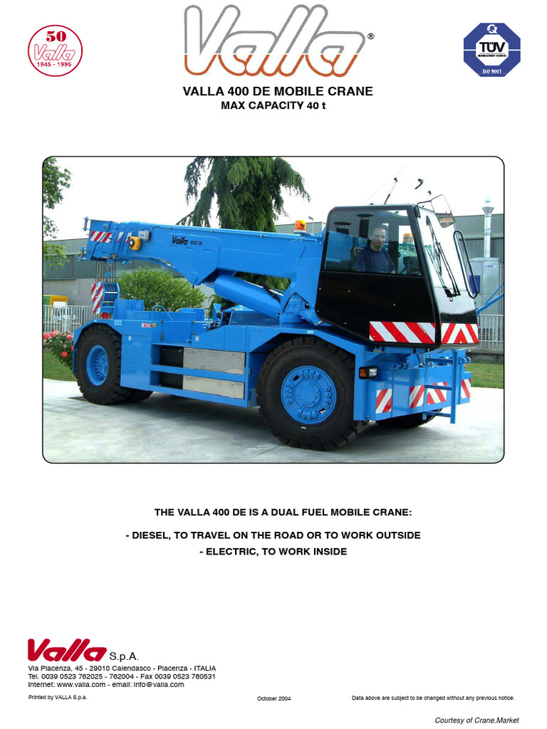 VALLA 400DE Specs | PDF | Crane (Machine) | Engines