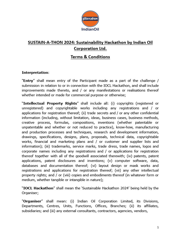 IOCL Sustainability Hackathon 2024 Terms | PDF | Legal Liability | Indemnity