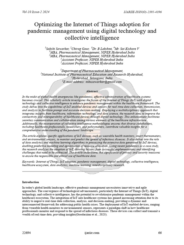 Optimizing The Internet of Things Adoption For Pandemic Management Using Digital Technology and ...