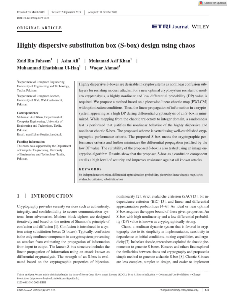 ETRI Journal - 2020 - Bin Faheem - Highly Dispersive Substitution Box S Box Design Using Chaos ...