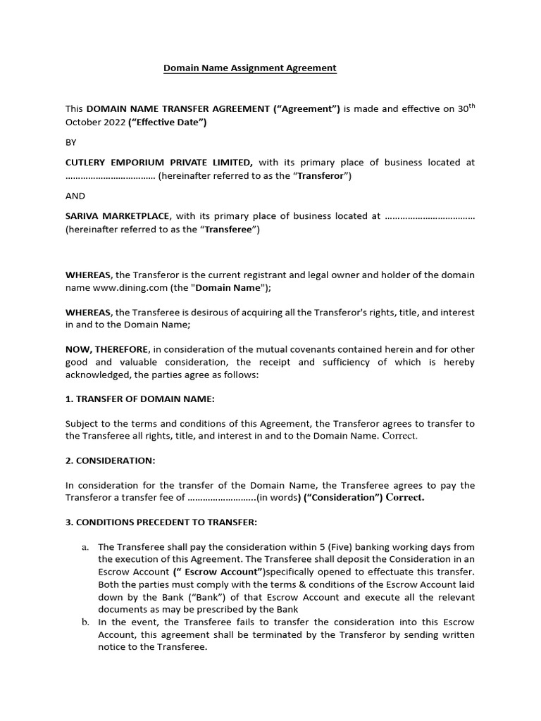 TEMPLATE-Domain Name Assignment Agreement | PDF | Indemnity | Civil Law (Common Law)