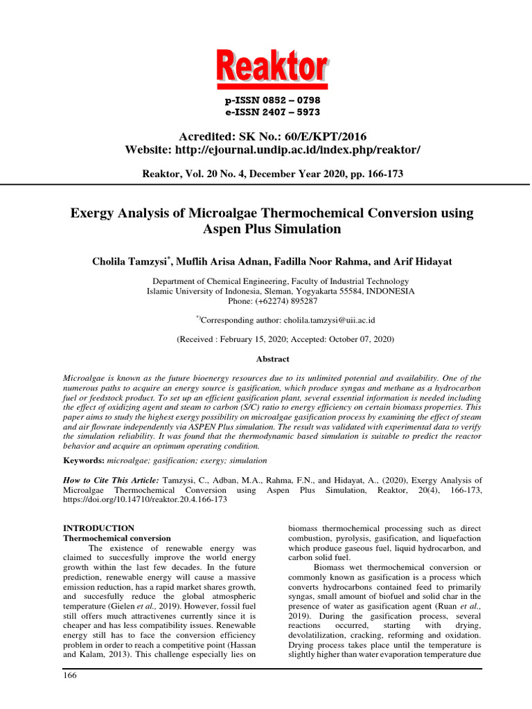 13. Exergy Analysis of Microalgae Thermochemical Conversion Using Aspen Plus Simulation | PDF ...