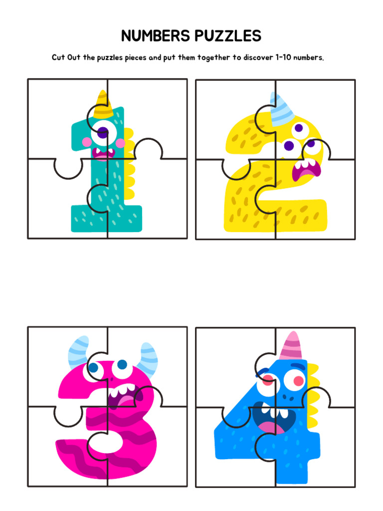 Colorful Four Pieces Numbers 1 - 10 Puzzles Worksheets | PDF