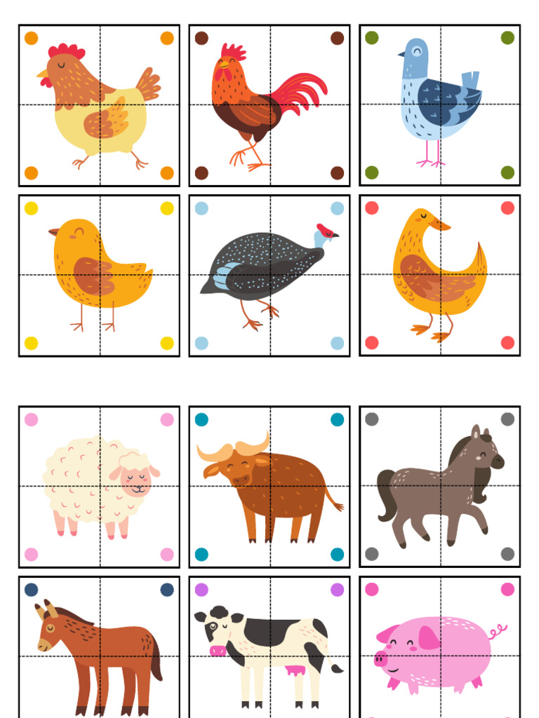 Farm Animals Puzzle Flashcards in Brown Illustrated Style | PDF