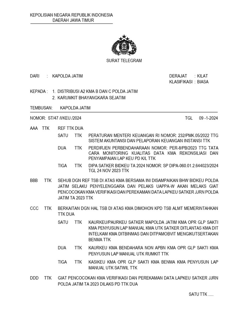 Giat Pencocokan Kma Verifikasi Dan Perekaman Data Lapkeu Satker JJRN Polda Jatim Ta 2023 TTK | PDF