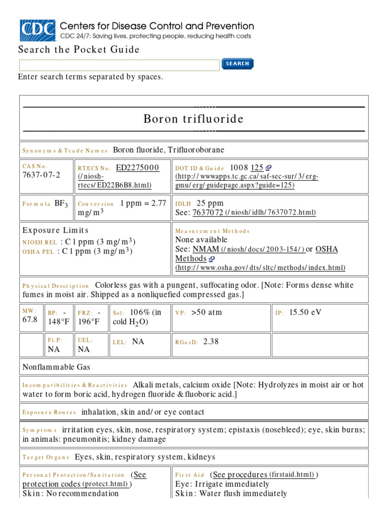 CDC - NIOSH Pocket Guide To Chemical Hazards - Boron Trifluo | Download ...