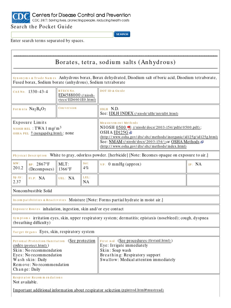 CDC - NIOSH Pocket Guide To Chemical Hazards - Borates, Tetr | PDF ...