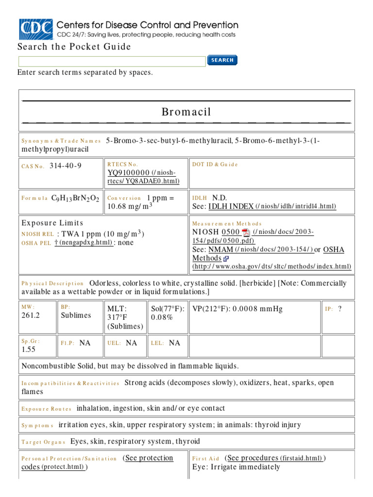 CDC - NIOSH Pocket Guide to Chemical Hazards - Bromacil | PDF ...