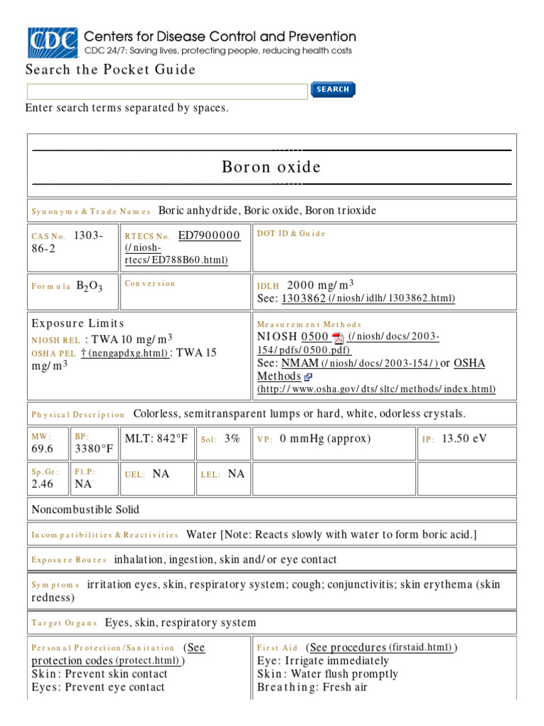 CDC - NIOSH Pocket Guide To Chemical Hazards - Boron Oxide | PDF ...