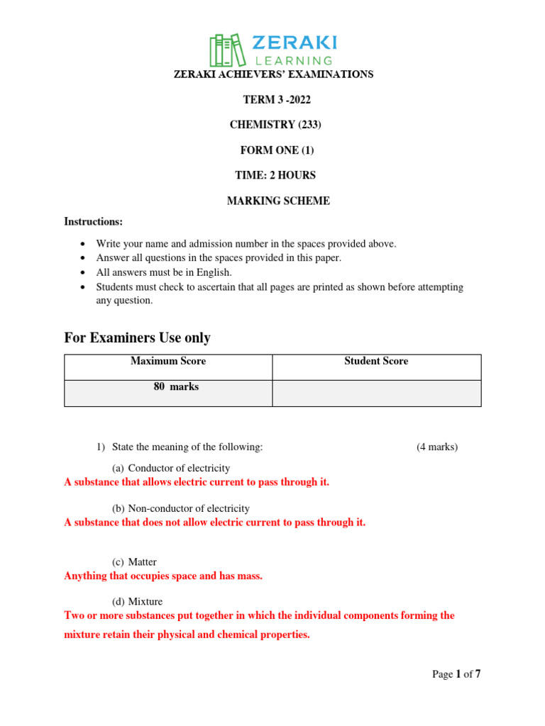 Chemistry - Chemistry Form 1 - Marking Scheme (5) | PDF | Magnesium ...