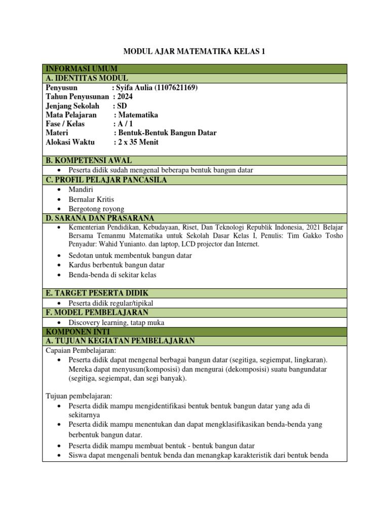 Modul Ajar Matematika Kelas 1 - Syifa Aulia (1107621169) | PDF | Karier & Perkembangan