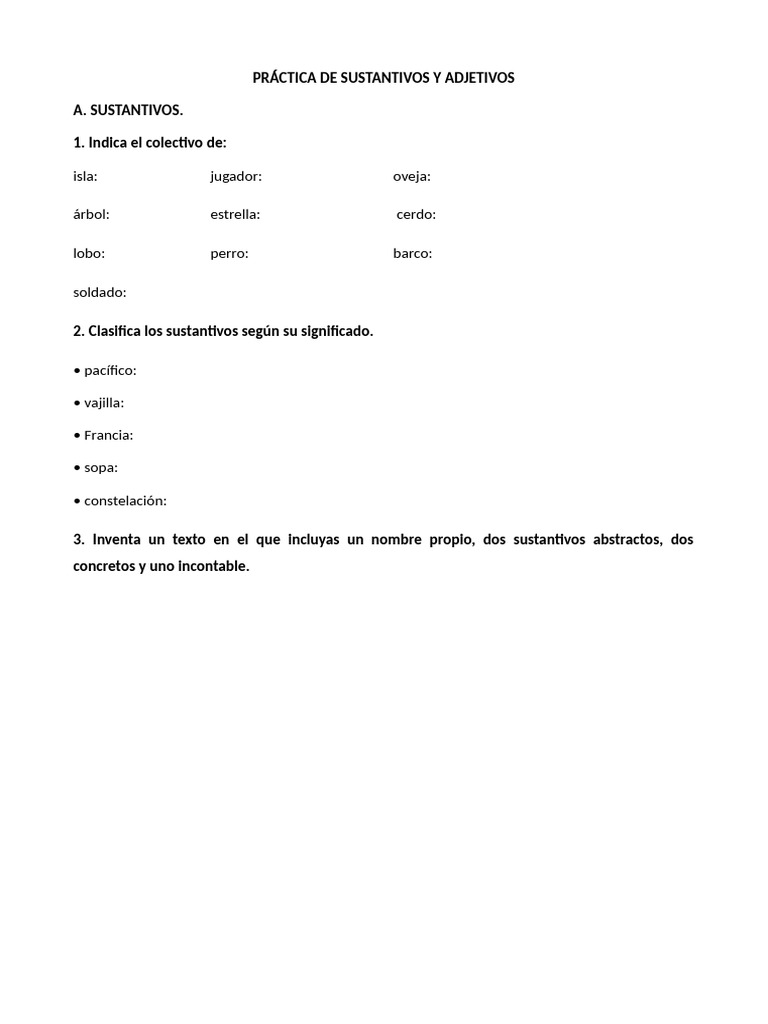 Actividades Sustantivos y Adjetivos | PDF