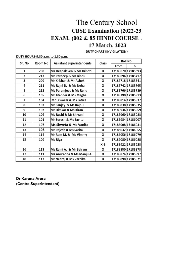 Cbse-Duty Chart-X-17 March, 2023 Invigilation | Download Free PDF ... Cbse-Duty Chart-X-17 March, 2023 Invigilation | Download Free PDF ...
