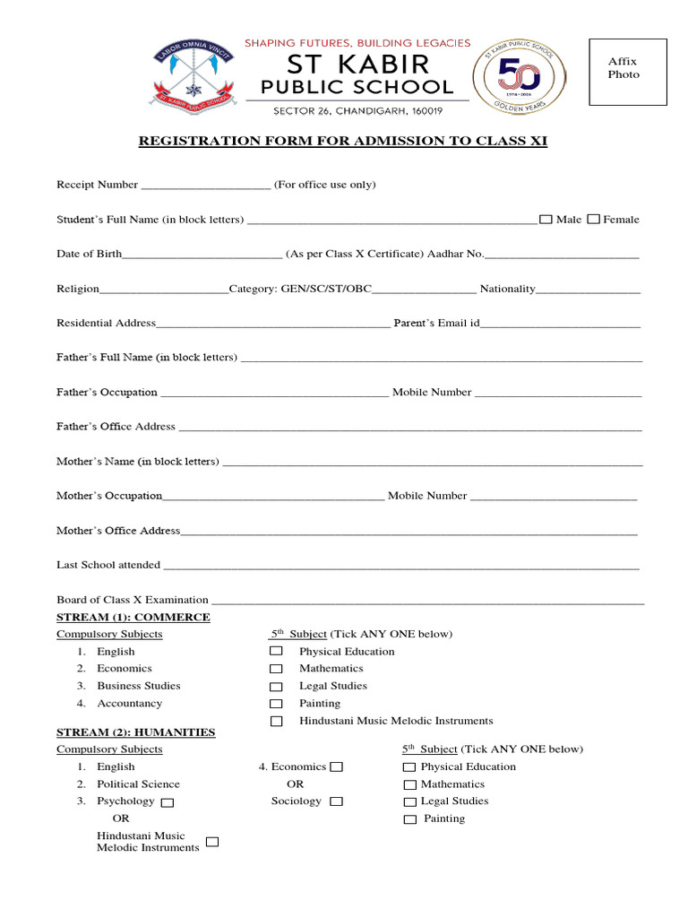 Registration Form For Admission To Class Xi (2024-25) | PDF | University And College Admission ...