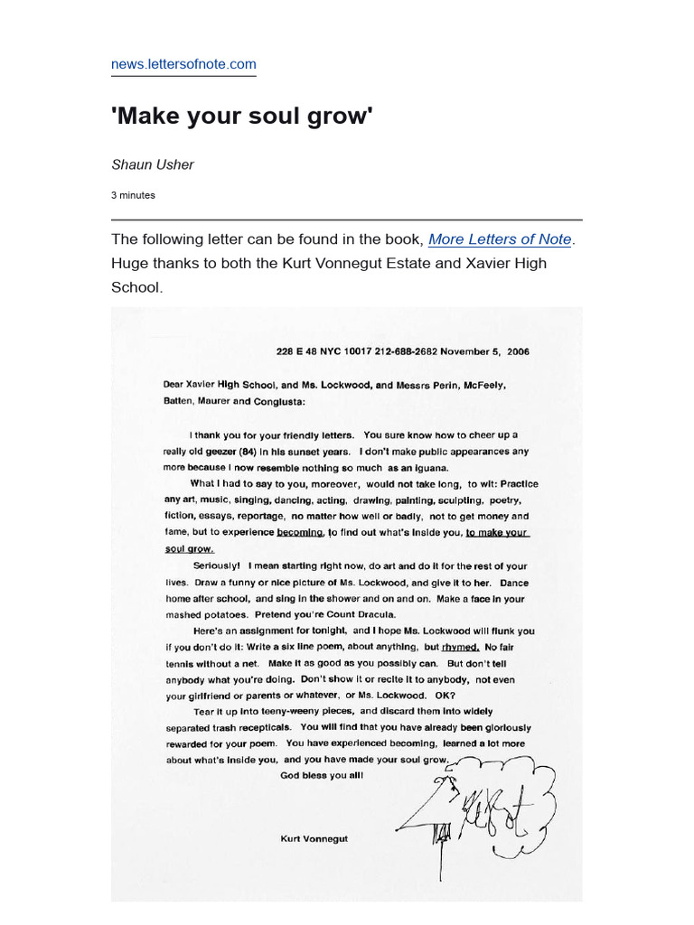 'Make your soul grow' - by Shaun Usher - Letters of Note | PDF