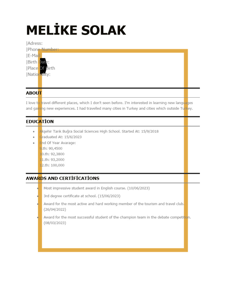 Melike Solak: - Adress: - Phone Number: - E-Mail: - Birth Date: - Place of Birth - Nationality | PDF