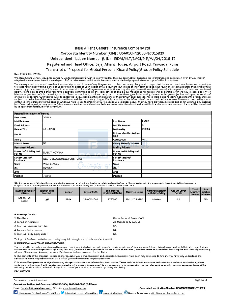 Bjaz GC Policy Schedule | PDF | Insurance | Underwriting