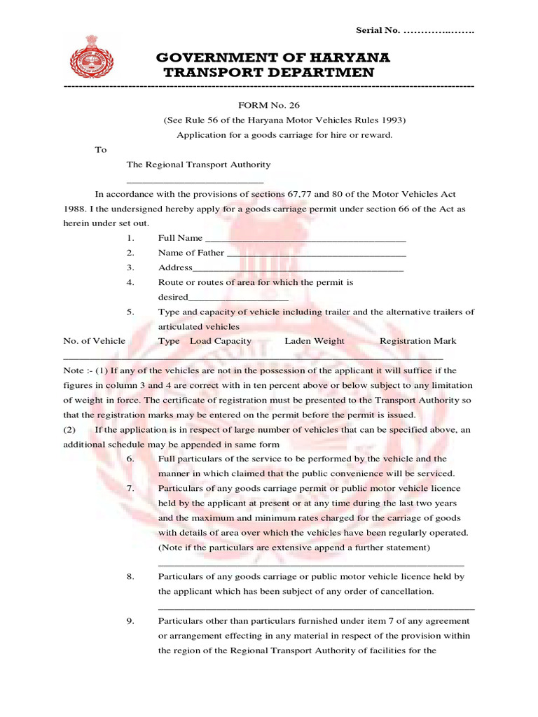 Permit Forms - Form HR 26 - Form26GCP | PDF | Vehicles | Transport