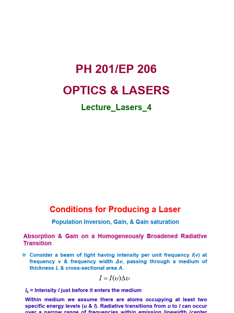 Lecture Lasers 4 240409 171854 | PDF | Spectral Line | Optics