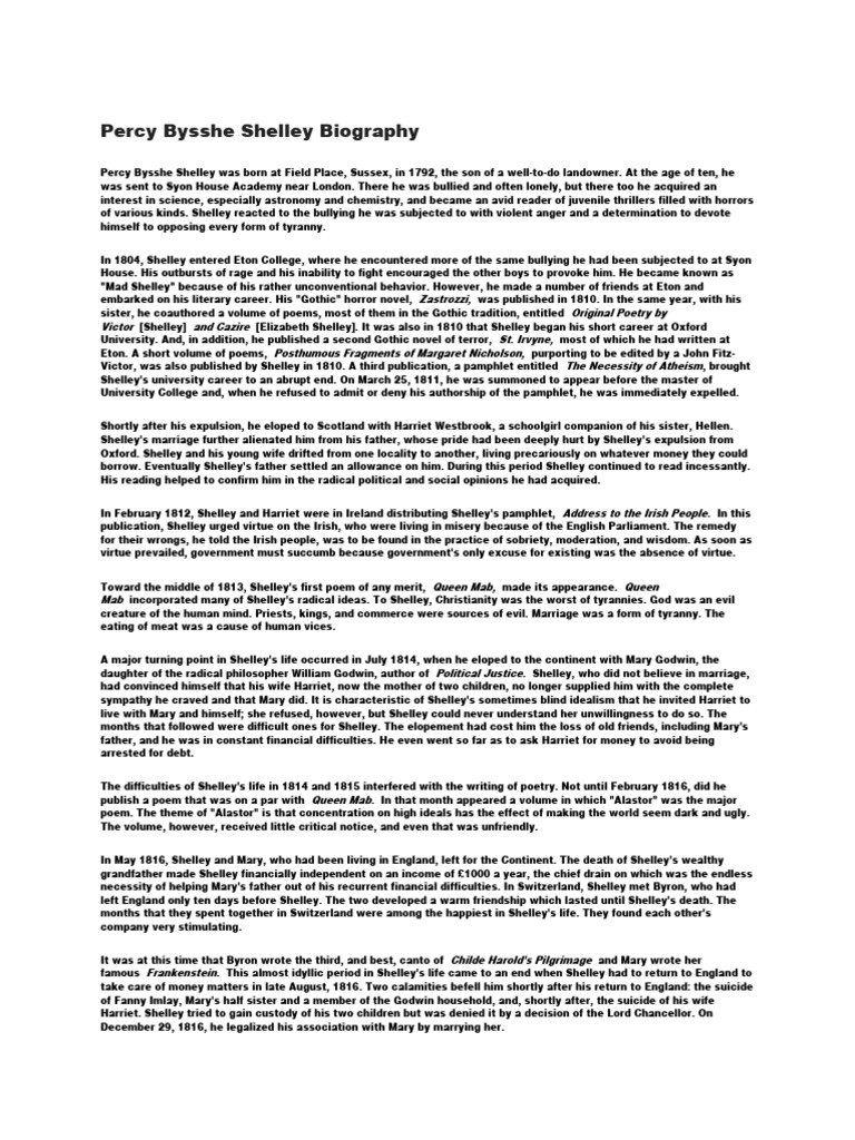 P.B Shelley Biography | PDF | Percy Bysshe Shelley