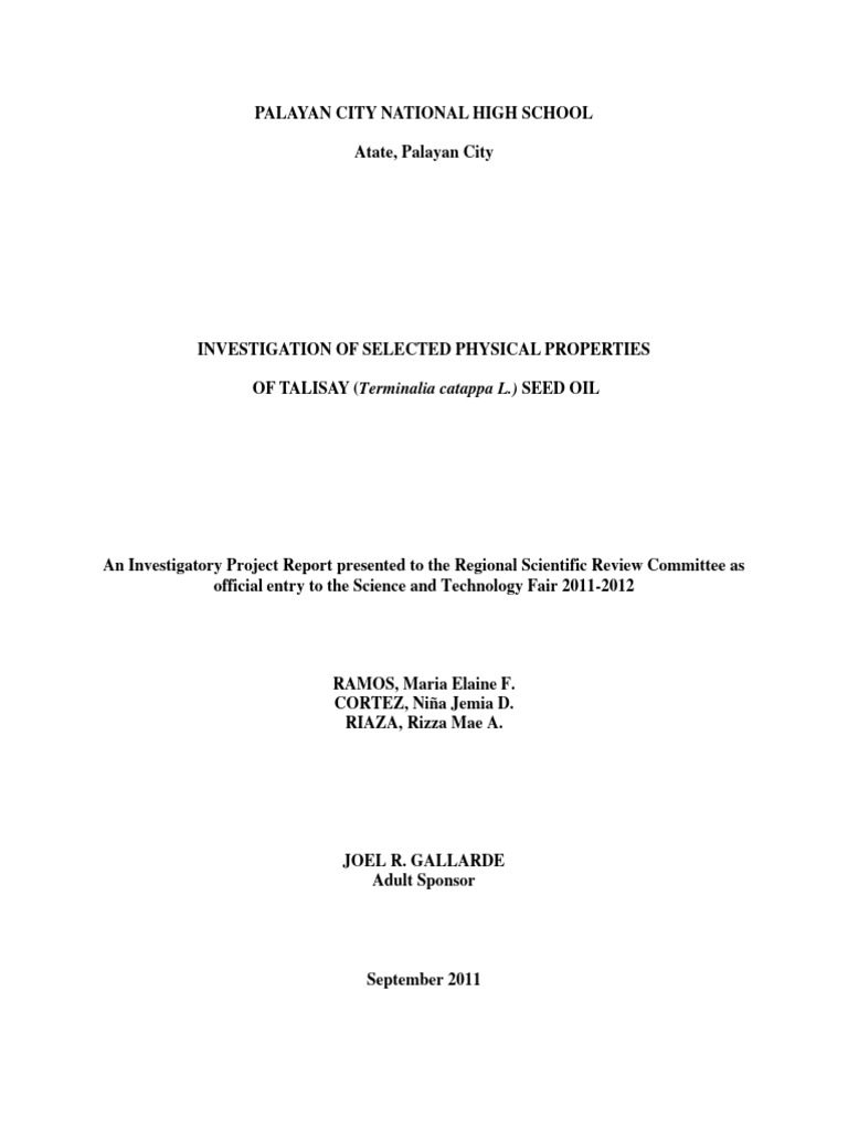 Investigatory Project SAMPLE | PDF | Vegetable Oil | Density