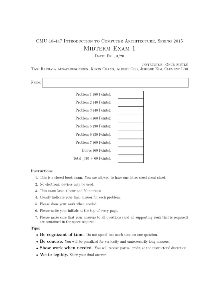 Midterm1 s15 Sol | PDF | Central Processing Unit | Cpu Cache